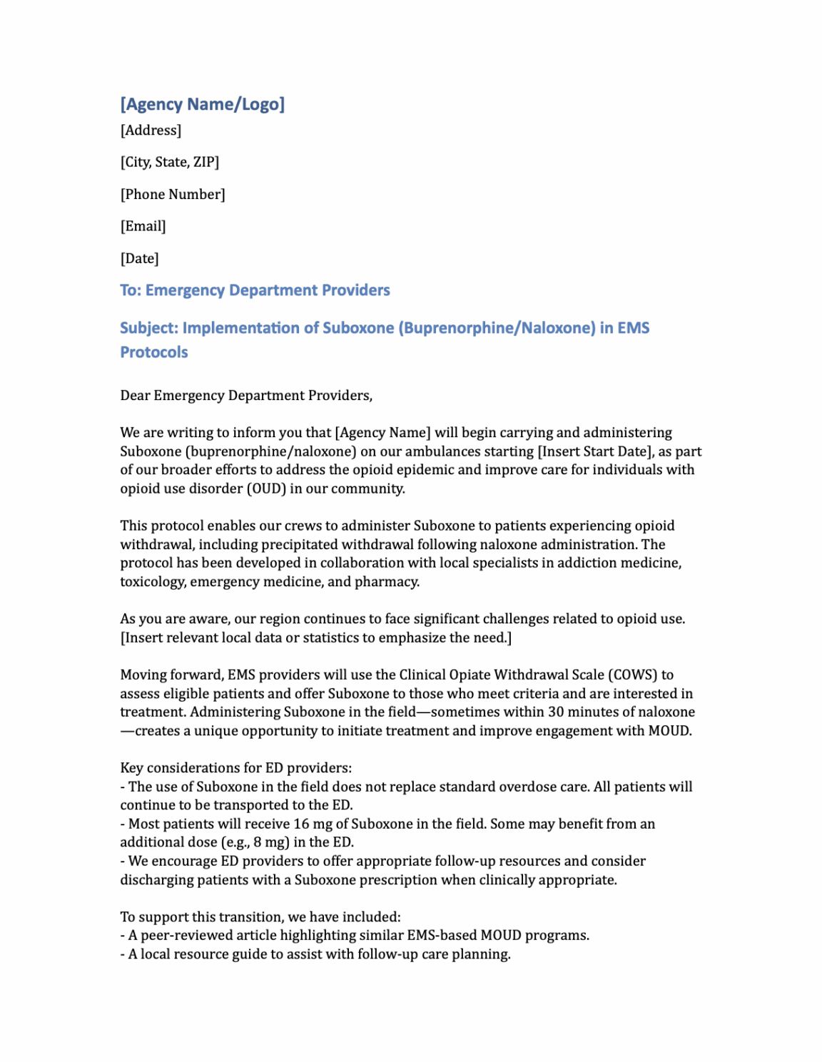 EMS to ED Buprenorphine Protocol Notification Letter: Template - MN Bridge