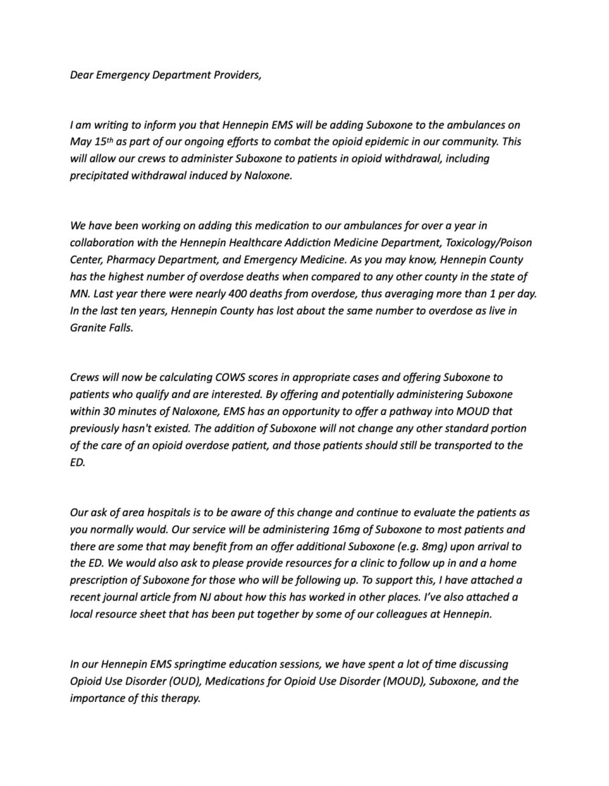 EMS to ED Buprenorphine Protocol Notification Letter: HEMS Example - MN ...